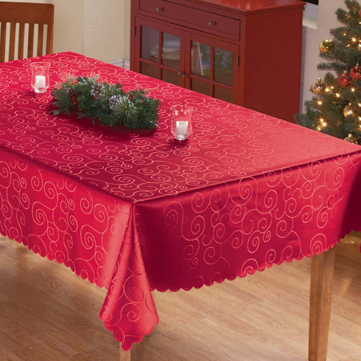 Solid Scroll Scalloped Edge Tablecloth | Collections Etc.