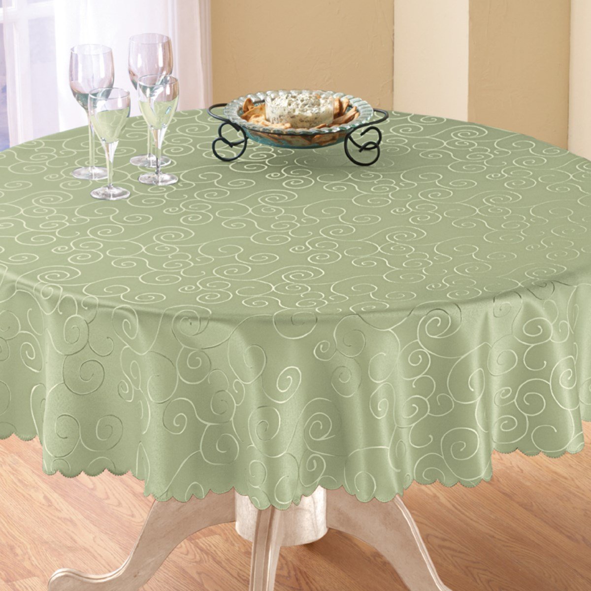 Solid Scroll Scalloped Edge Tablecloth | Collections Etc.