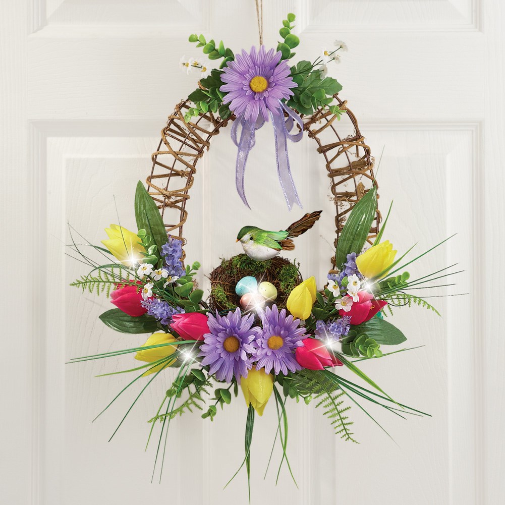 Lighted Spring Floral Wreath with Bird Nest | Collections Etc.
