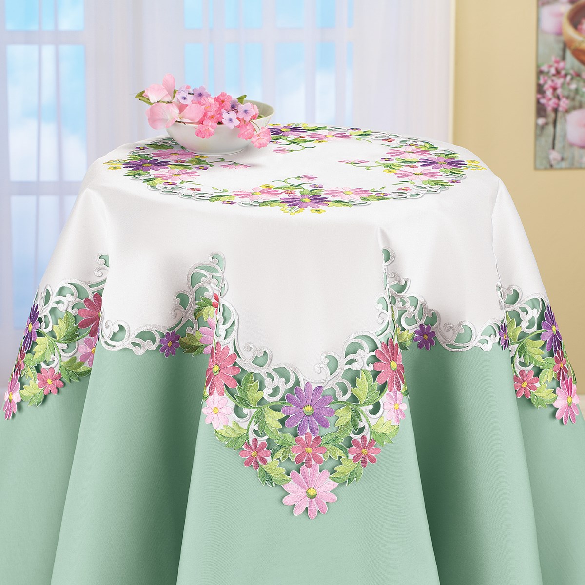 Embroidered Multicolor Spring Daisy Table Linens | Collections Etc.