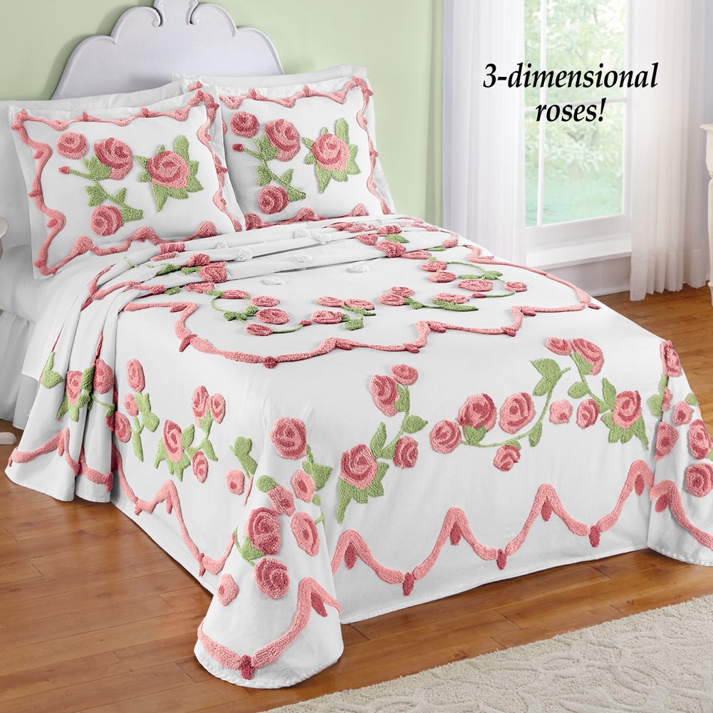 French Gardens Rose Pattern Chenille Bedspread | Collections Etc.