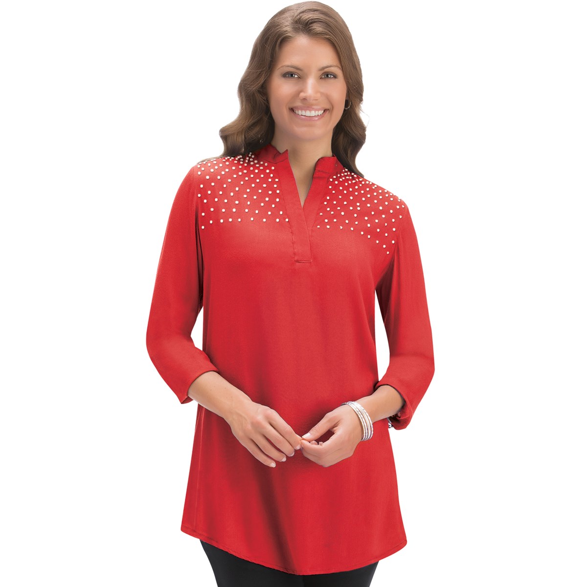 Rhinestone Neckline Woven Tunic | Collections Etc.