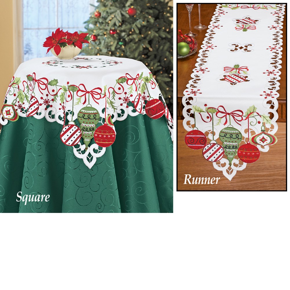 Embroidered Christmas Ornament Table Linens | Collections Etc.