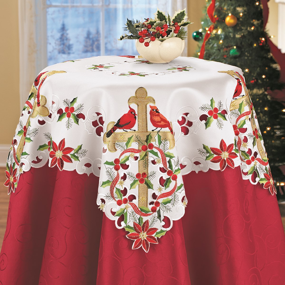 Embroidered Poinsettia and Cross Table Linens | Collections Etc.