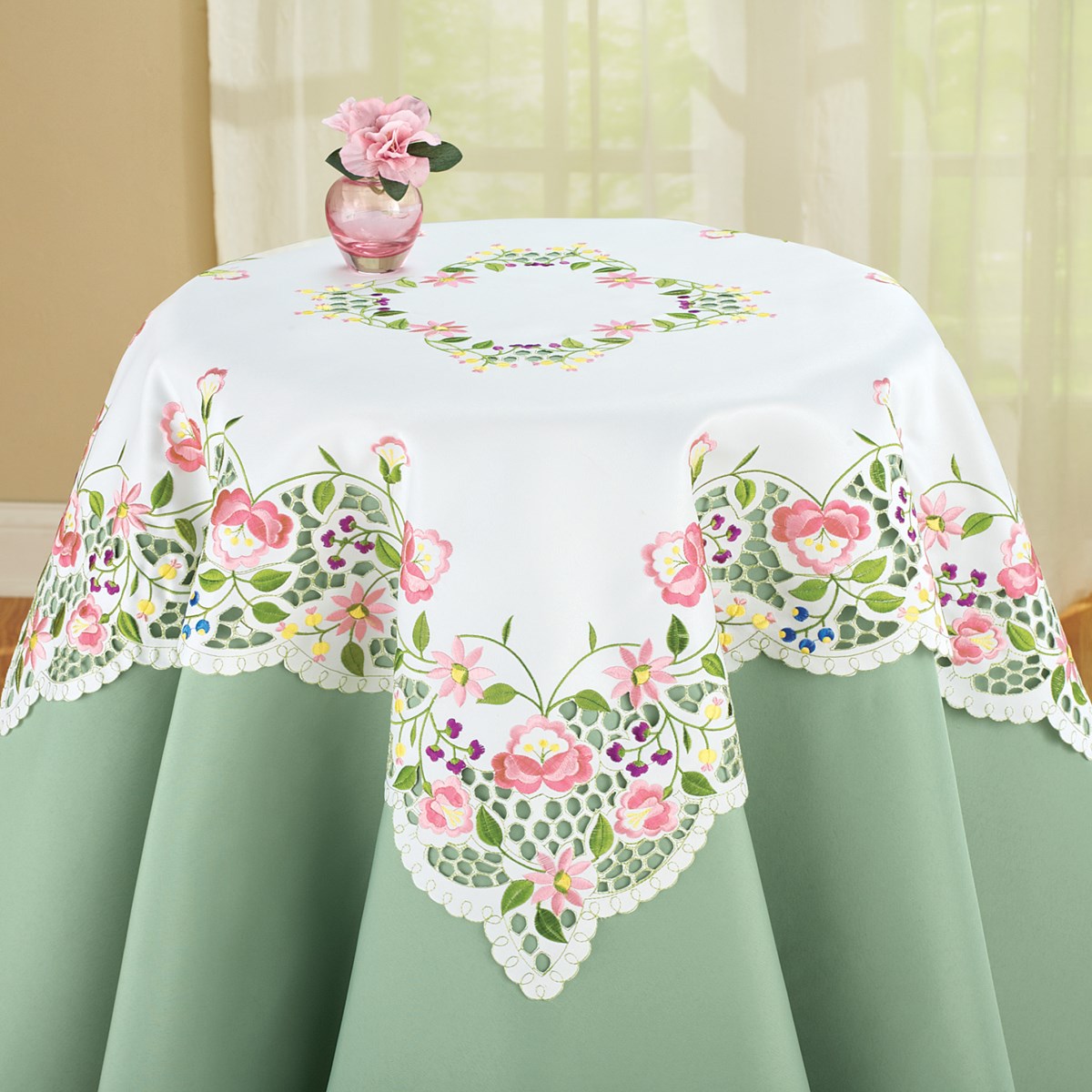 Embroidered Spring Pink Floral Table Linens | Collections Etc.