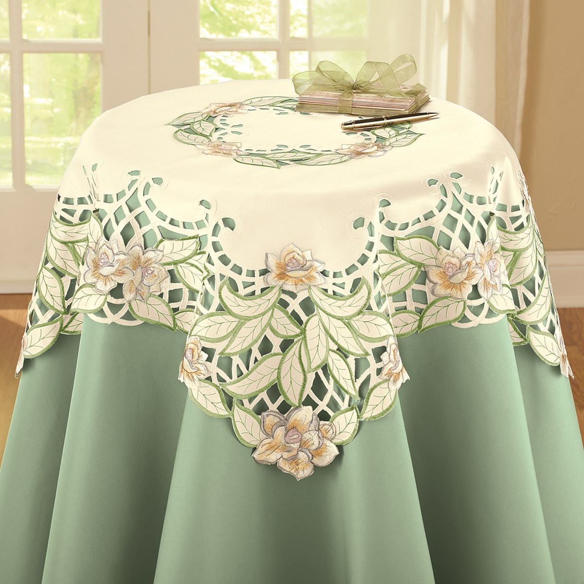Embroidered Magnolia Flower Table Linens | Collections Etc.
