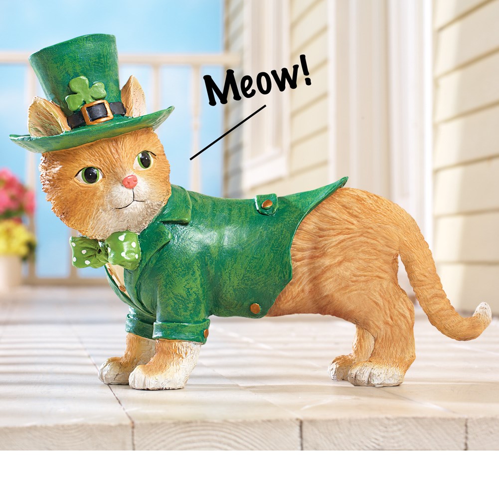 St. Patrick's Motion Sensor Cat Figurine | Collections Etc.
