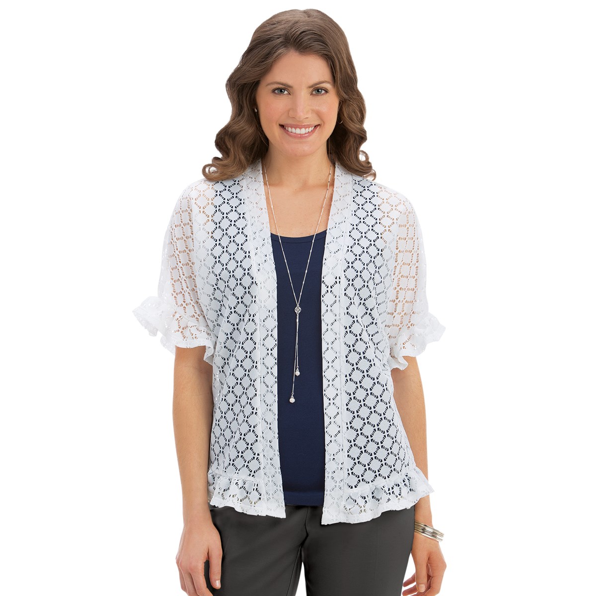 Short Sleeve Ruffle Lace Jacket | Collections Etc.