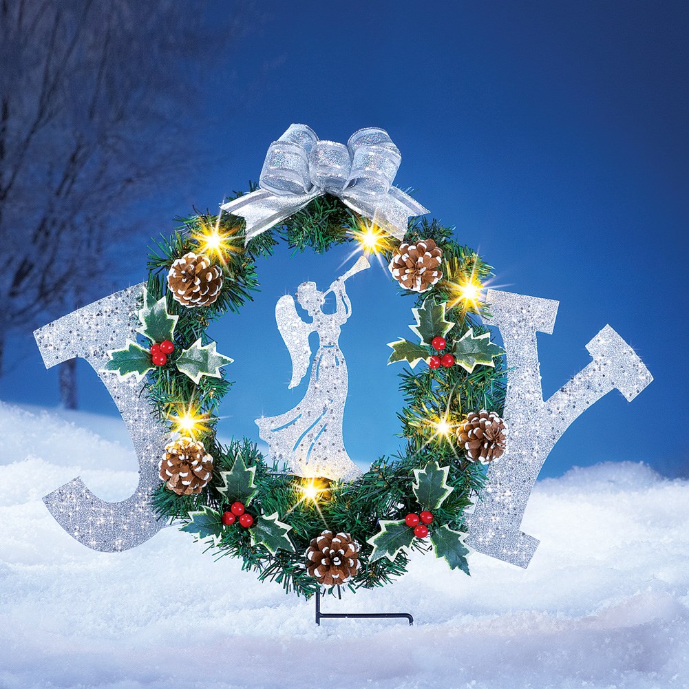 Holiday Joy Wreath Solar Lighted Garden Stake | Collections Etc.