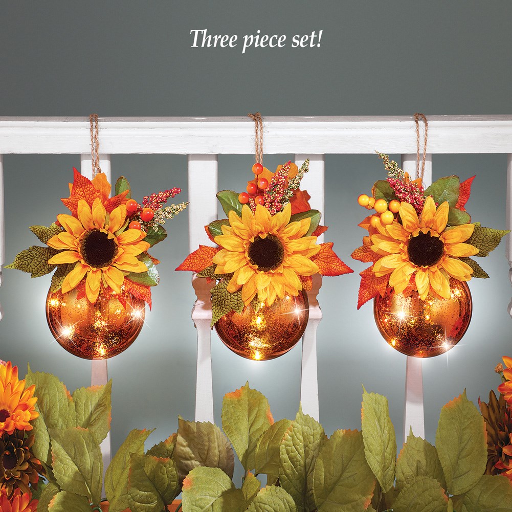 Solar Faux Mercury Balls with Sunflowers - Set of 3 | Collections Etc.