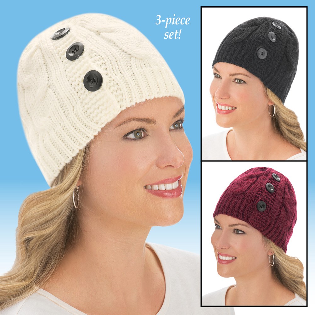 Cable Knit Button Hats - Set of 3 | Collections Etc.