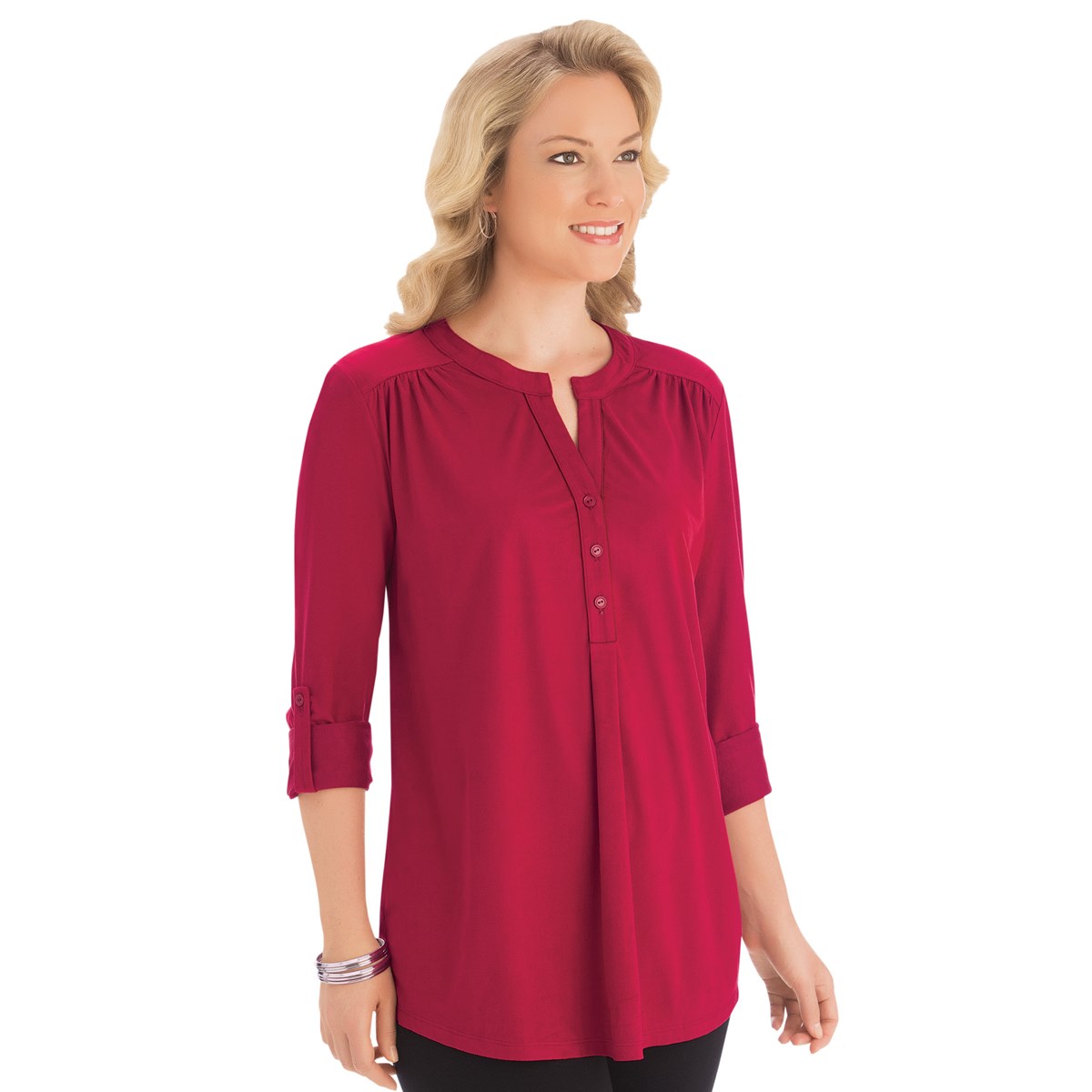 Faux Suede Roll Tab Sleeve Top | Collections Etc.