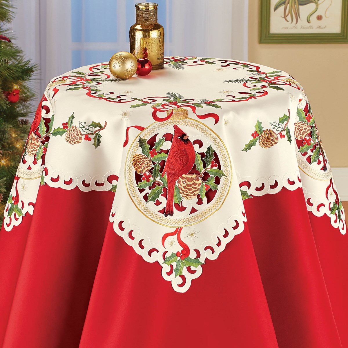 Cardinal & Pinecone Christmas Table Linens | Collections Etc.