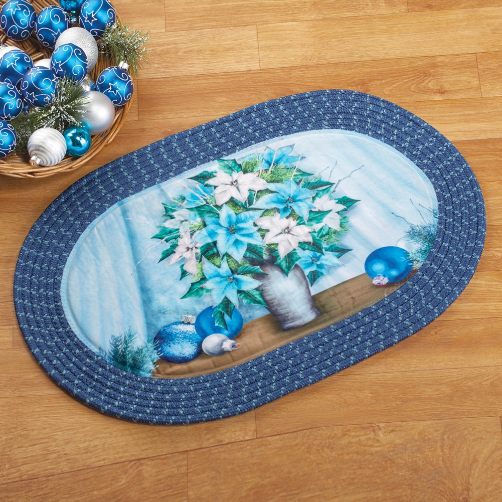 Icy Blue Poinsettia Christmas Braided Rug | Collections Etc.
