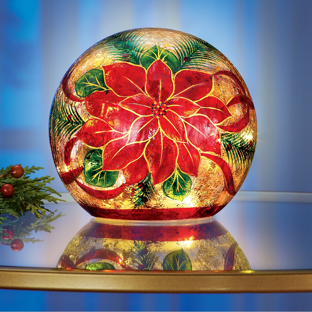 Poinsettia Lighted Crackled Glass Ball Collections Etc