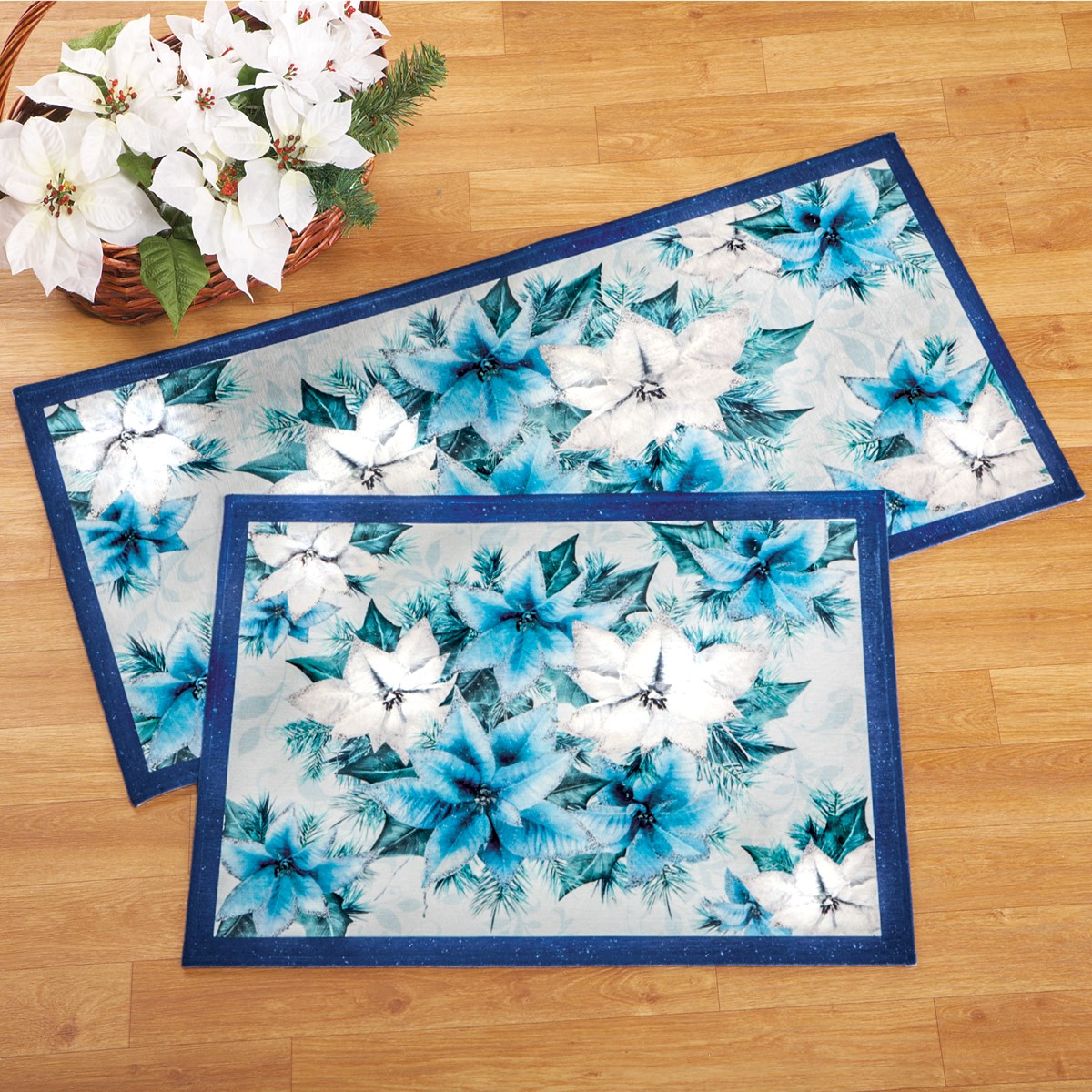 Icy Blue Poinsettia Christmas Rug Set | Collections Etc.