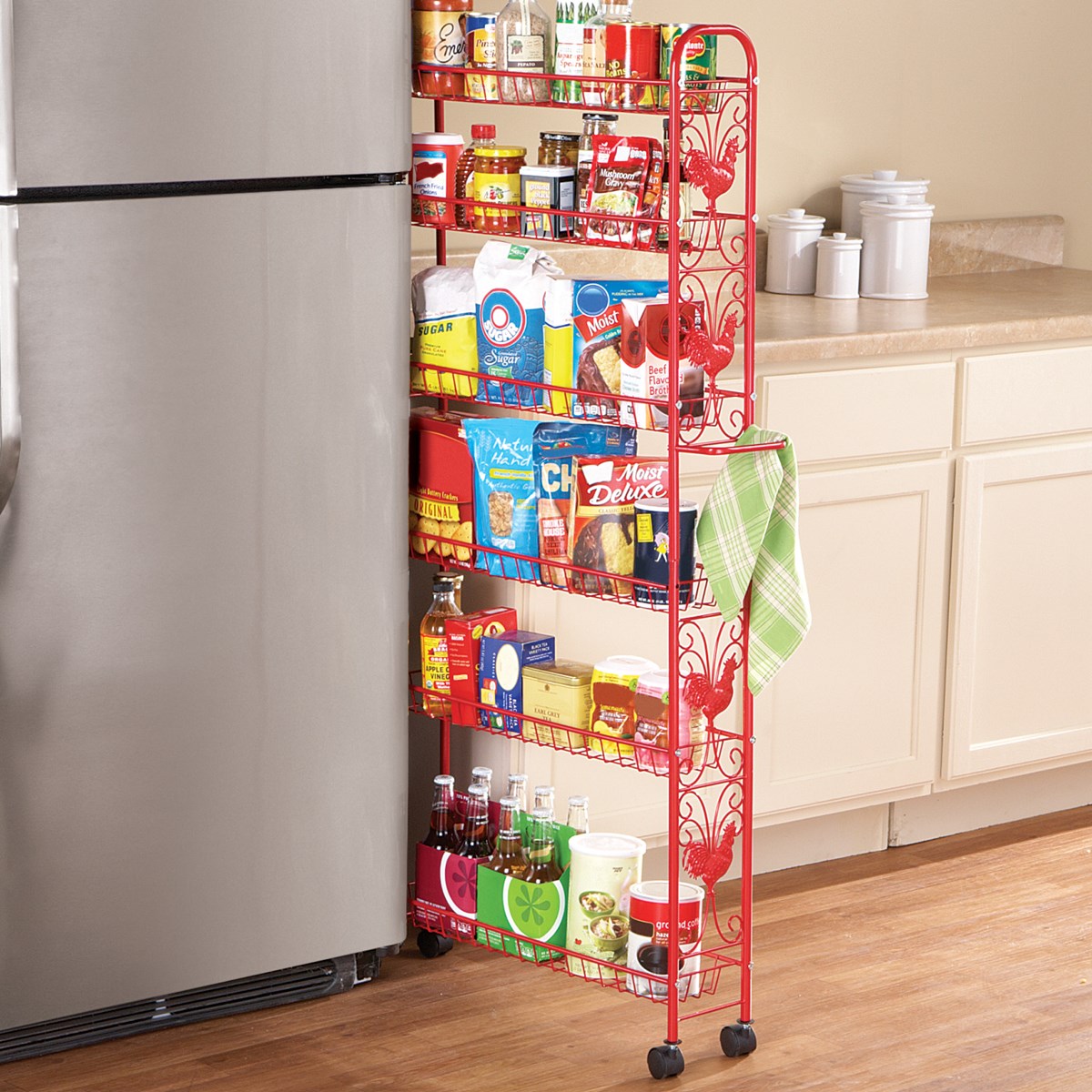Red Metal Rooster Slim Rolling Pantry | Collections Etc.