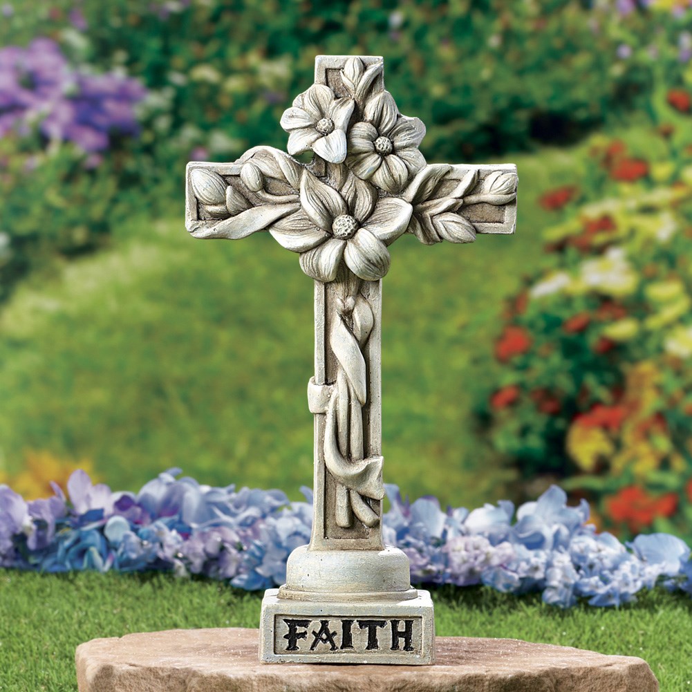 Faith Floral Cross Stone Garden Sculpture | Collections Etc.