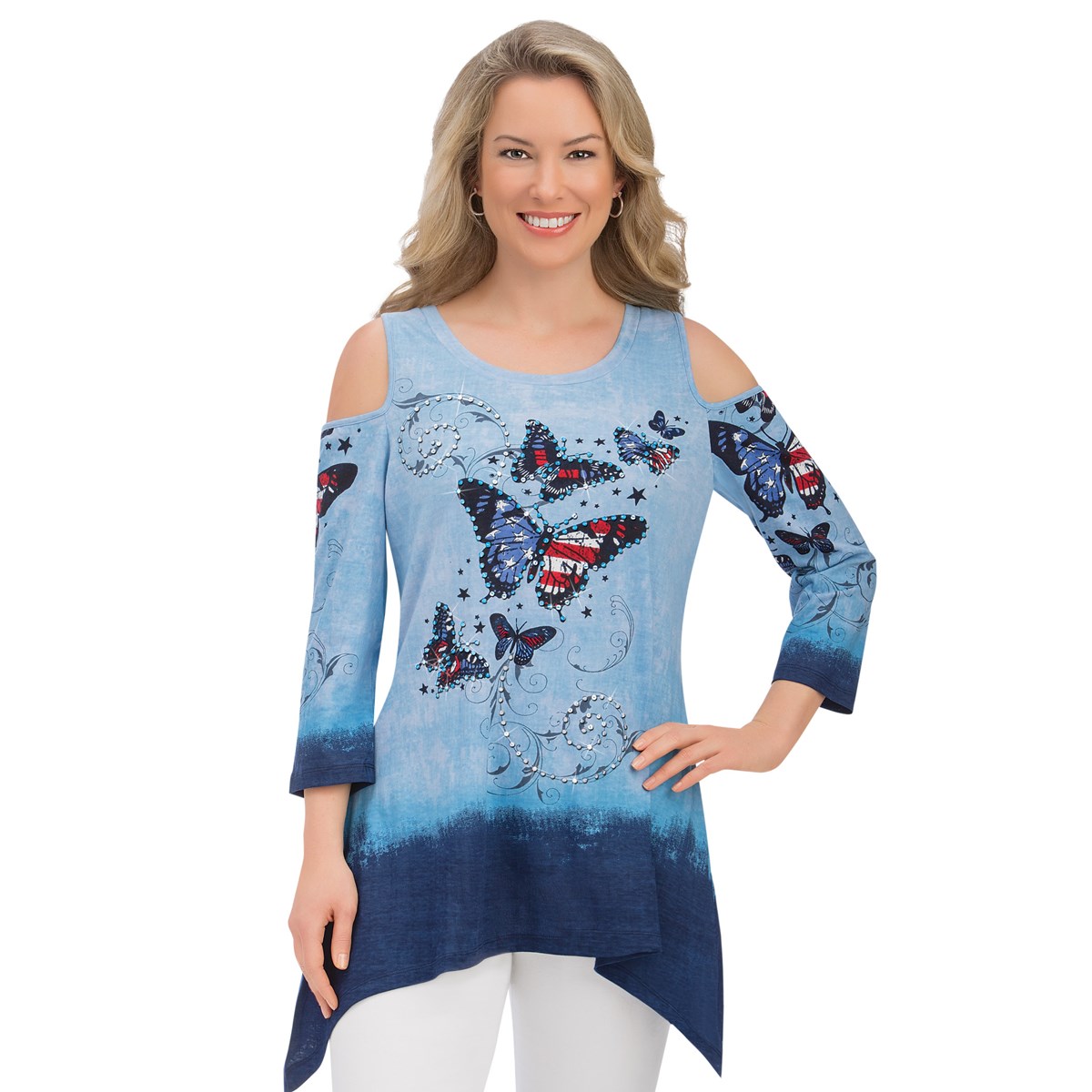 Patriotic Butterfly Cold Shoulder Top | Collections Etc.