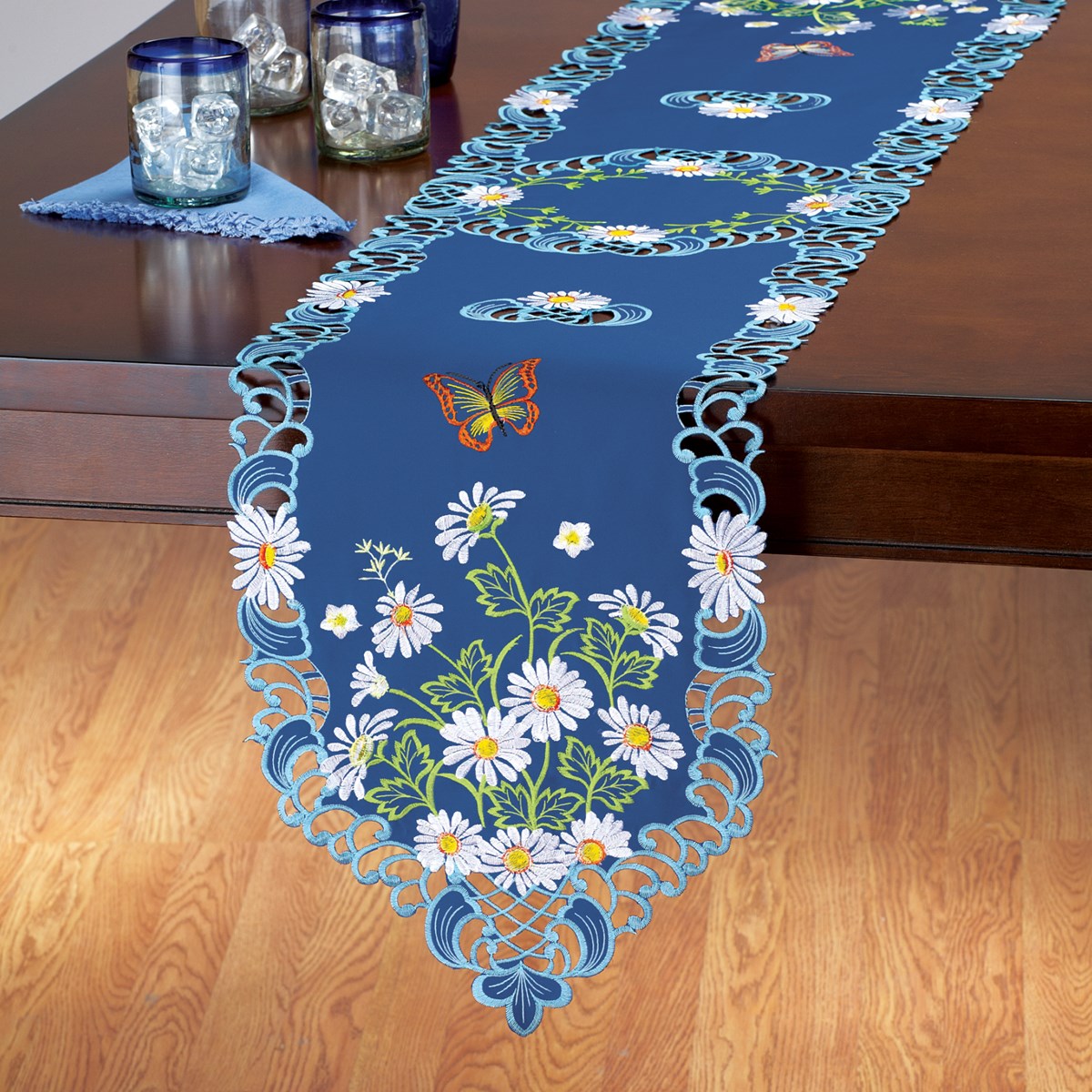 Elegant Blue Table Linens with Embroidered Daisies | Collections Etc.