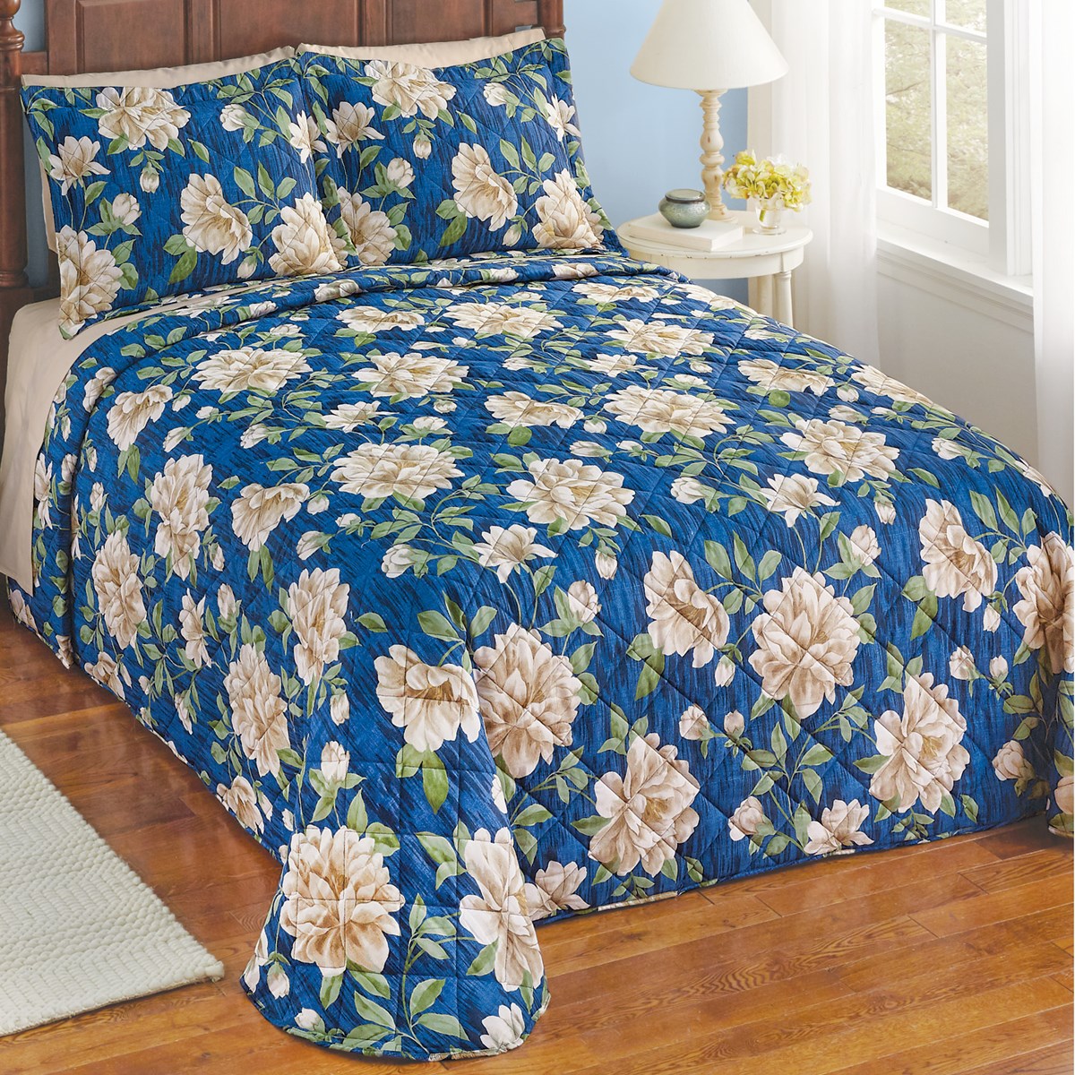 Marisol Navy Blue & Ivory Floral Quilted Bedspread | Collections Etc.