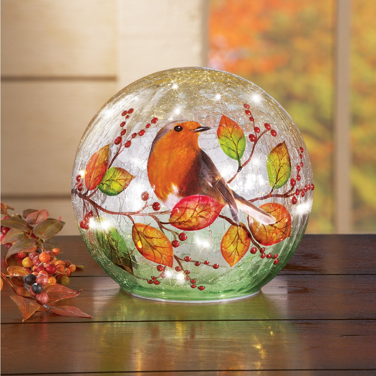 Lighted Robin Cracked Glass Ball with Fall Leaves | Collections Etc.