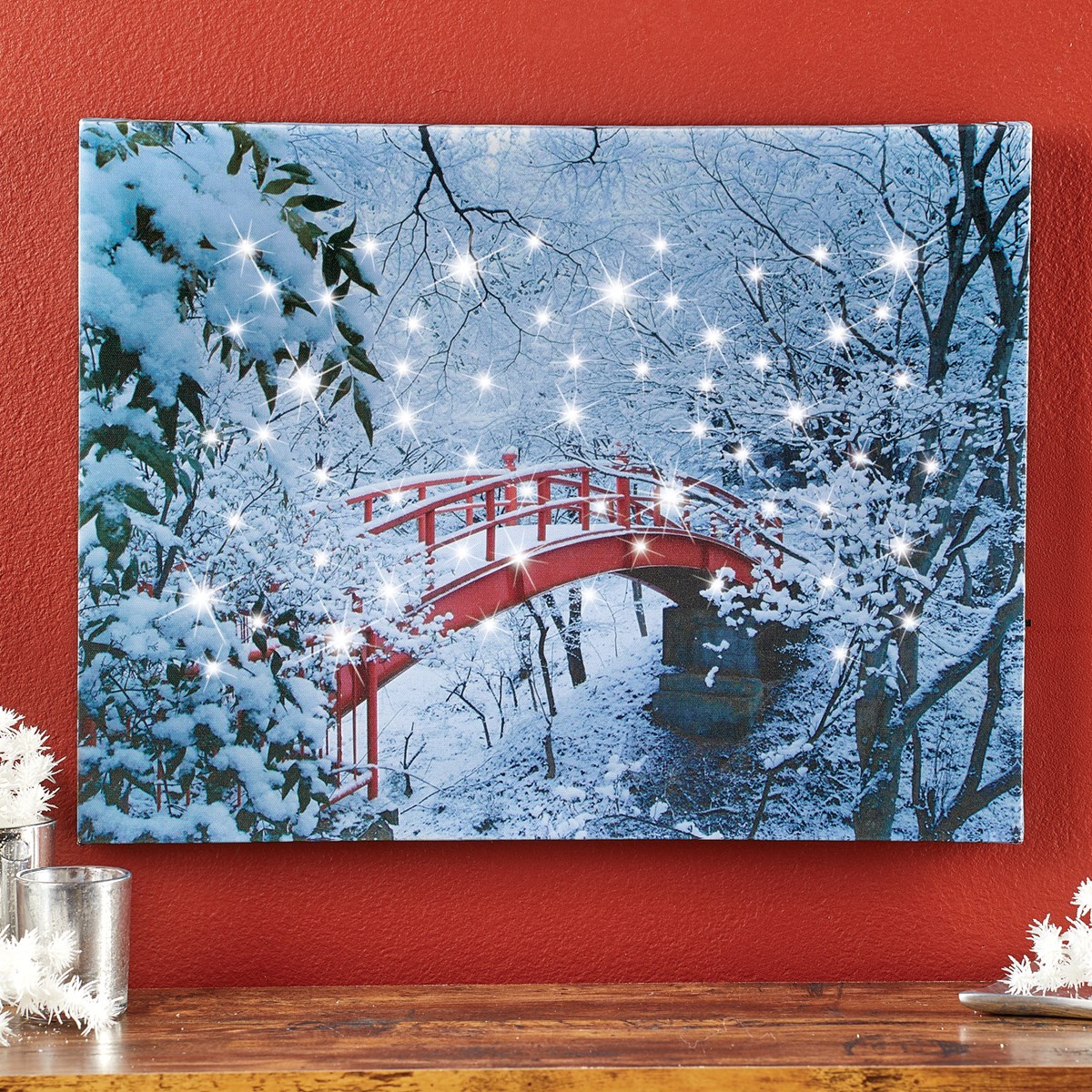 Lighted Snow Covered Bridge Canvas Wall Art | Collections Etc.