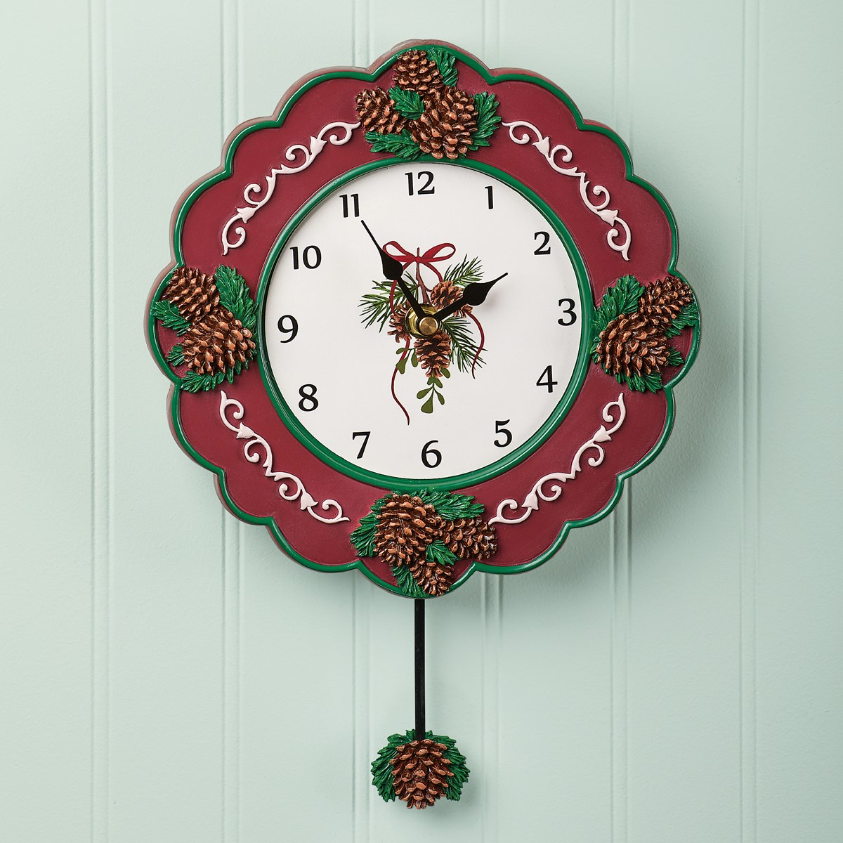 Hand Painted Christmas Wall Clock, Pinecones | Collections Etc.