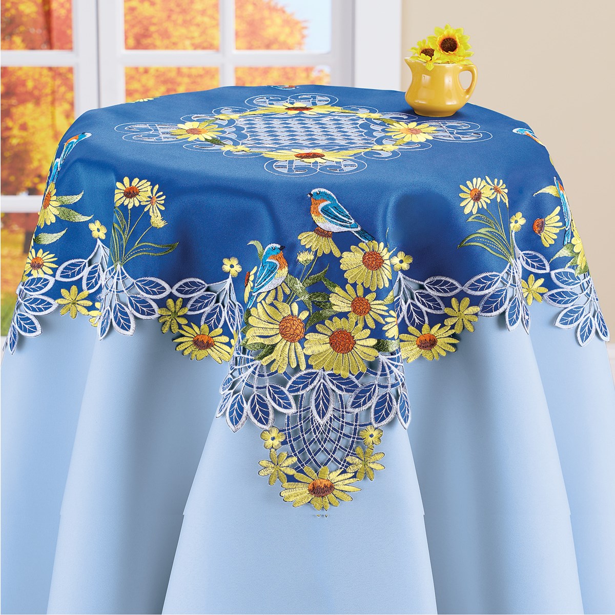 Embroidered Sunflowers and Birds Table Topper | Collections Etc.