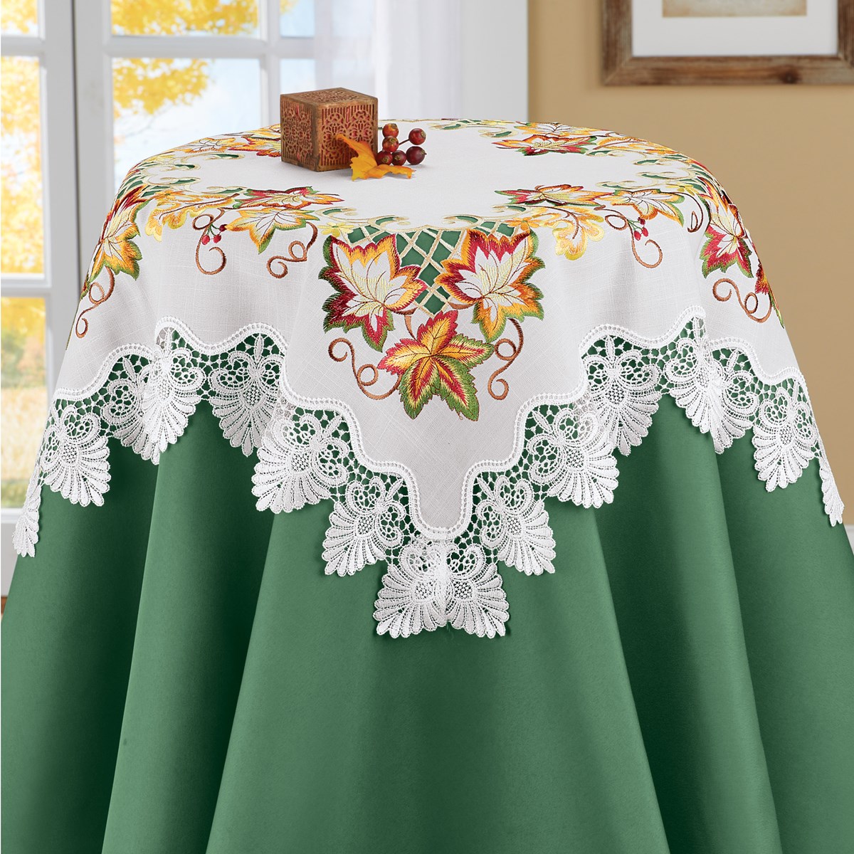Elegant Fall Leaves Embroidered Table Topper | Collections Etc.