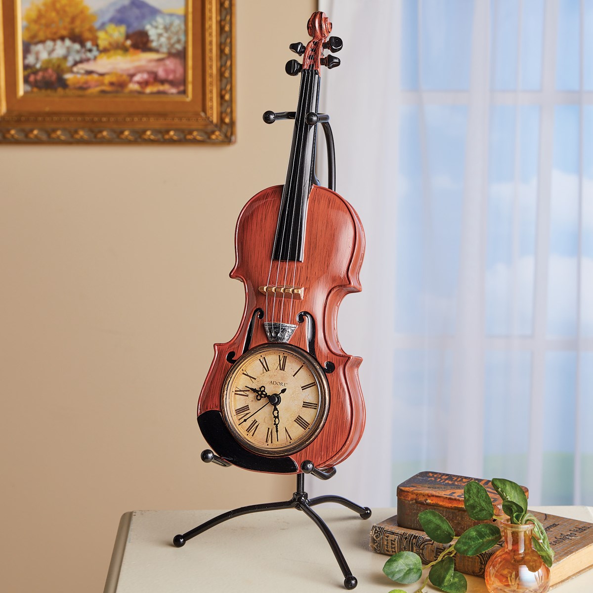 Violin Tabletop Desk Clock with Roman Numerals | Collections Etc.