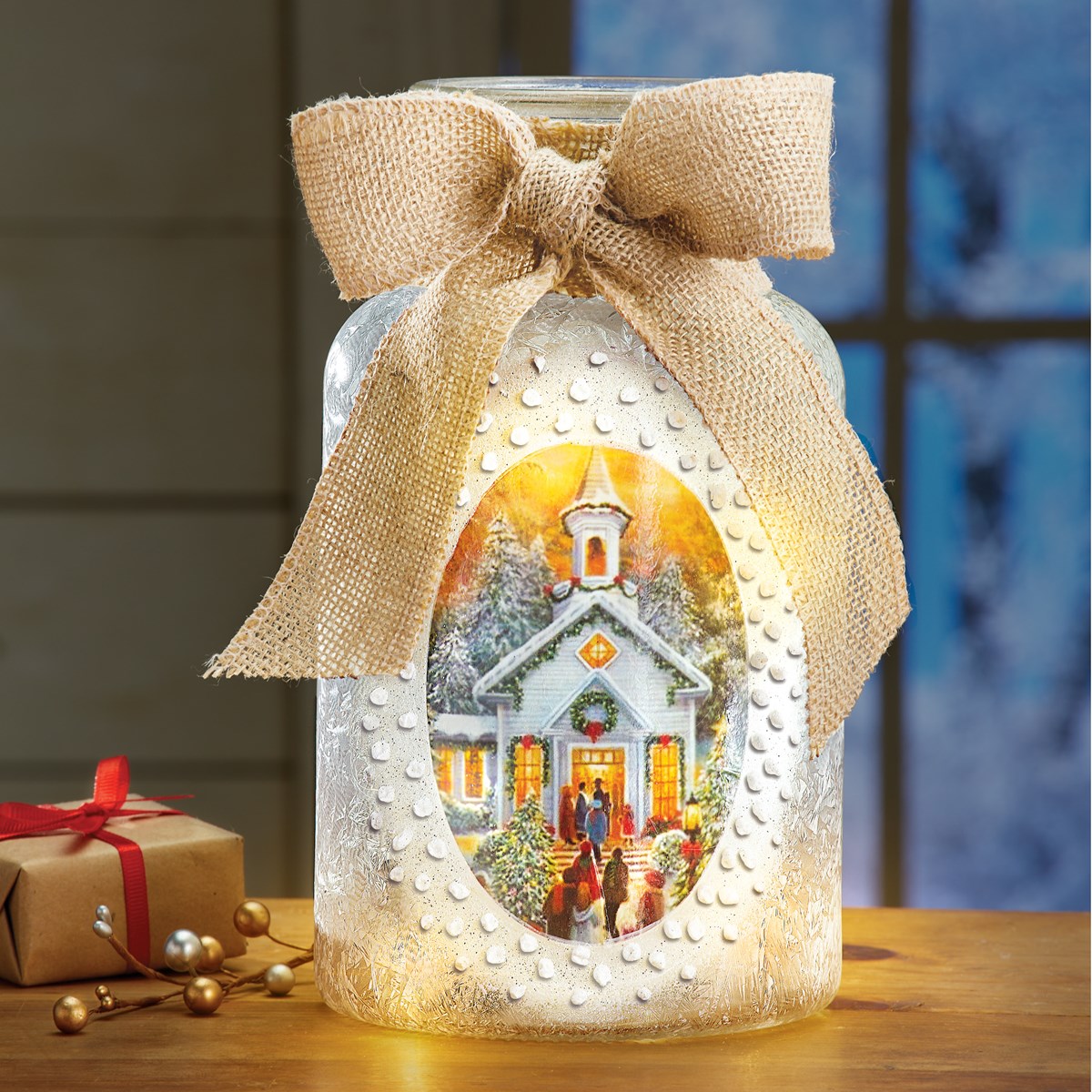 Lighted Snowy Church Glass Jar Tabletop Decoration | Collections Etc.