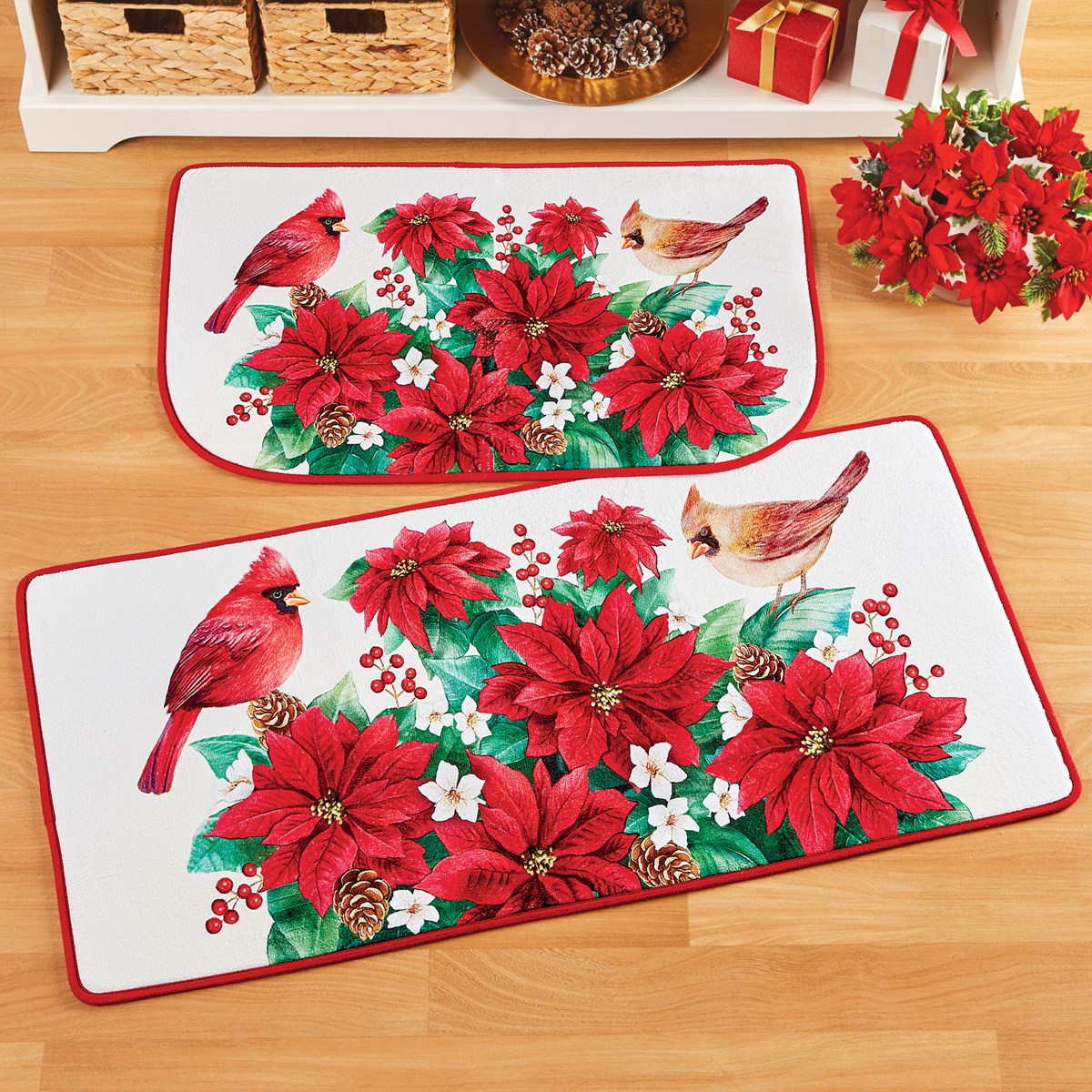 Cardinals and Poinsettias Accent Rug Set of 2 | Collections Etc.