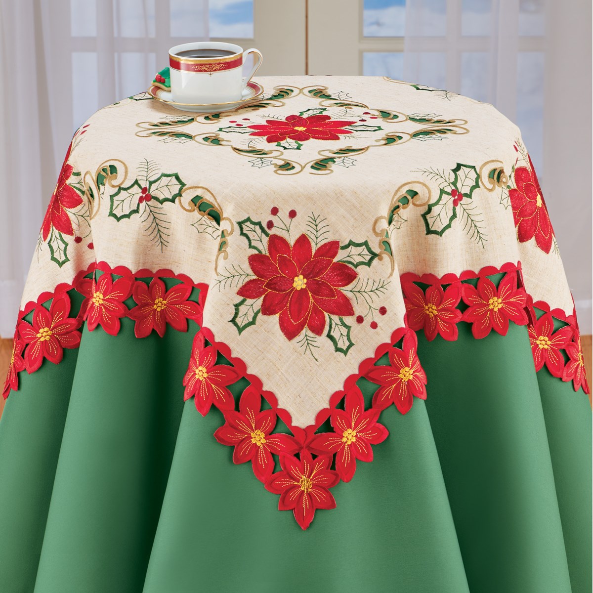 Burlap Poinsettia Table Runner / Topper Linens | Collections Etc.