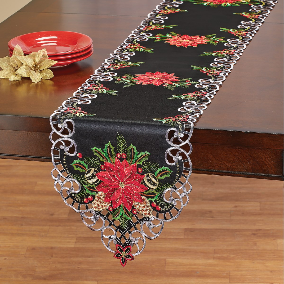 Poinsettia Pinecone Christmas Table Runner/Topper | Collections Etc.