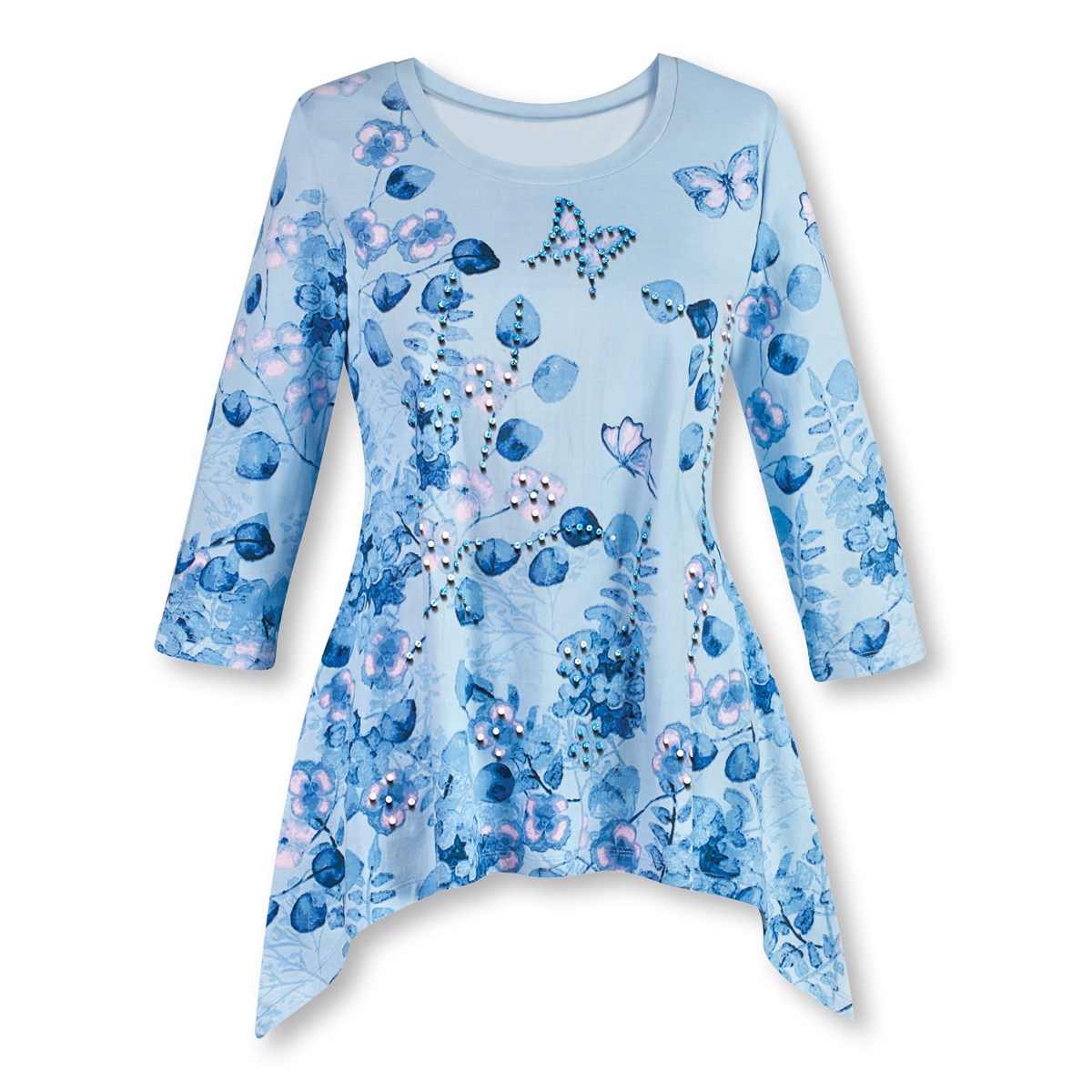Floral Butterfly High-Low Tunic with 3/4 Sleeves | Collections Etc.