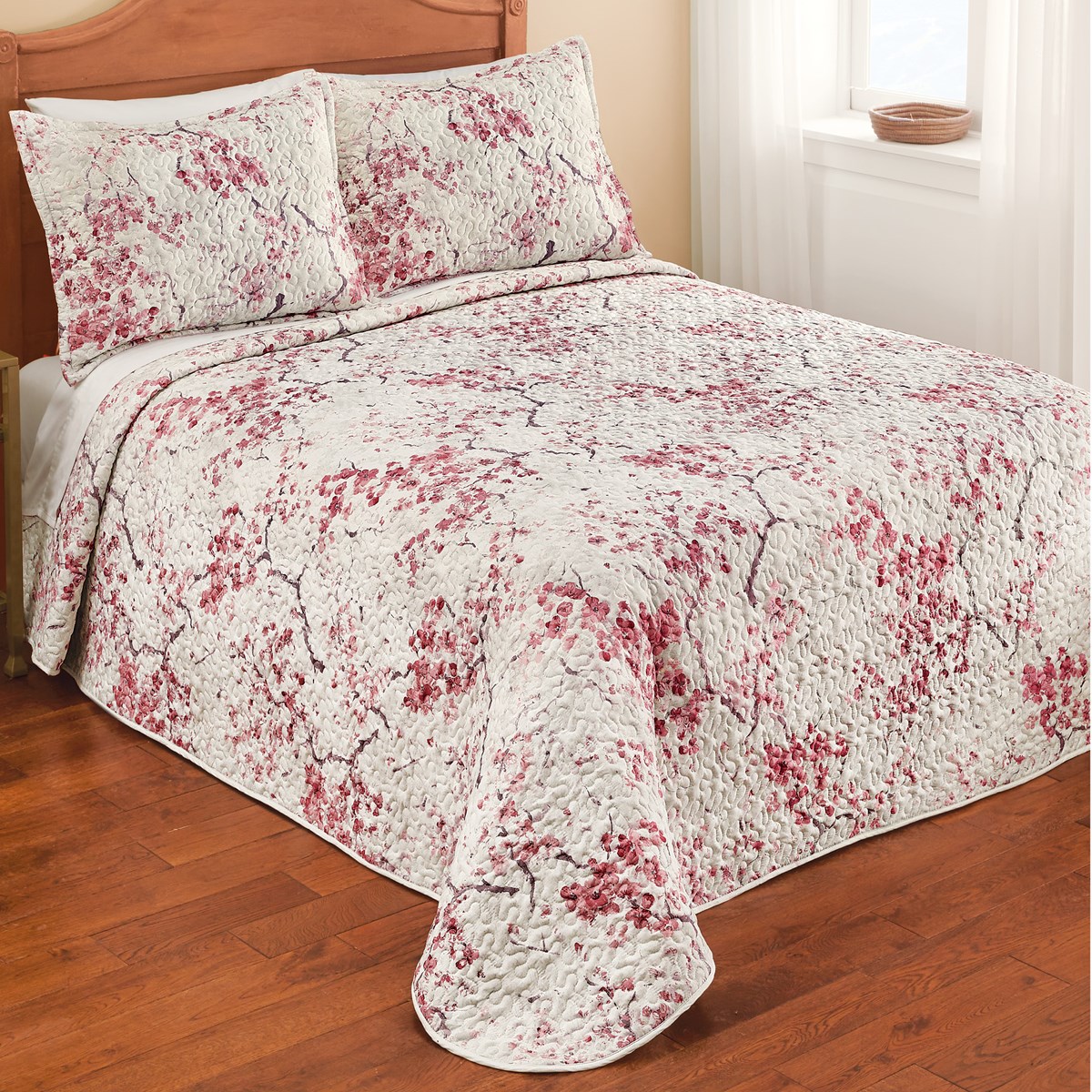 Sophie Pink Floral Blossom Quilted Bedspread | Collections Etc.
