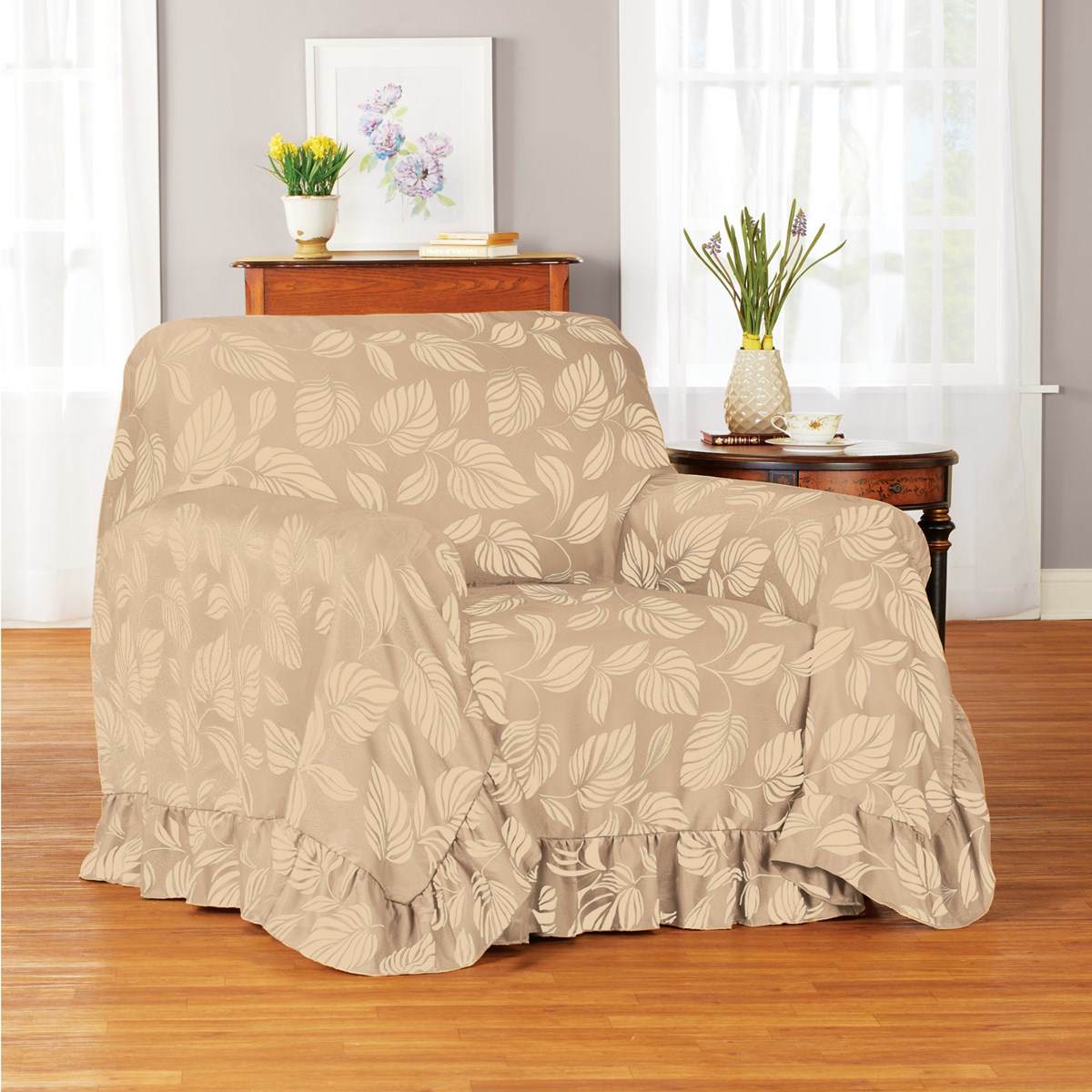 Leaf Pattern Ruffled Furniture Throw Cover | Collections Etc.