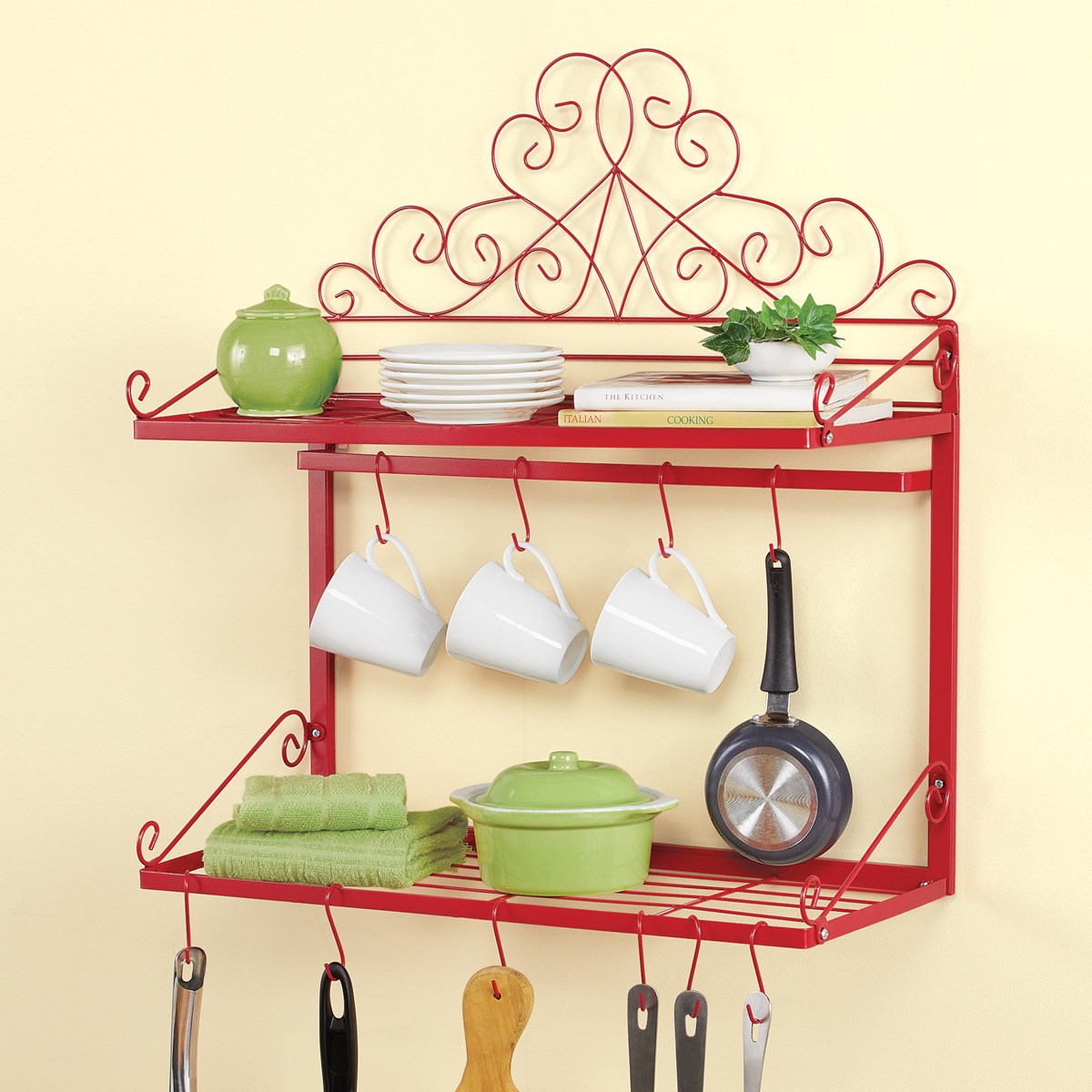 Kitchen Red Metal Wall Rack with Scrolling Design | Collections Etc.