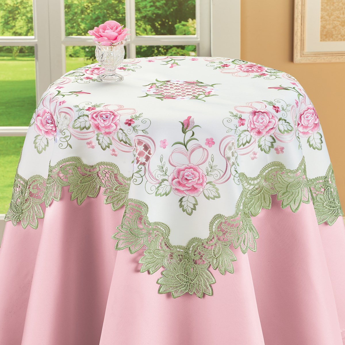 Embroidered Roses with Green Lace Trim Table Linens | Collections Etc.