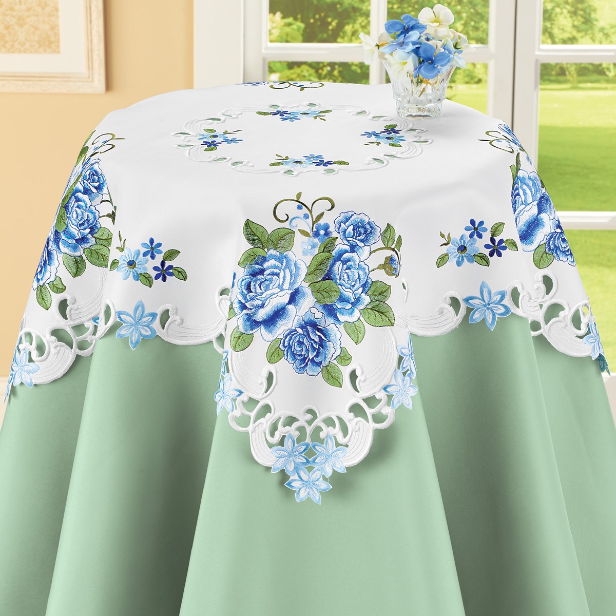 Delightful Embroidered Blue Roses Table Linens | Collections Etc.