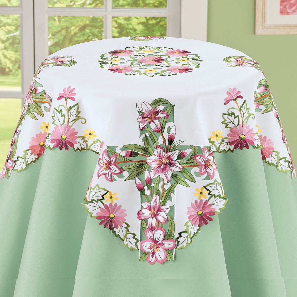 Embroidered Lily Cutout Cross Table Linens | Collections Etc.