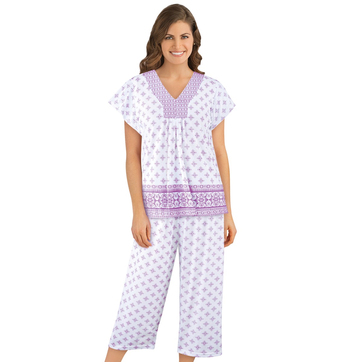 Border Floral Print Capri Pajama Set | Collections Etc.