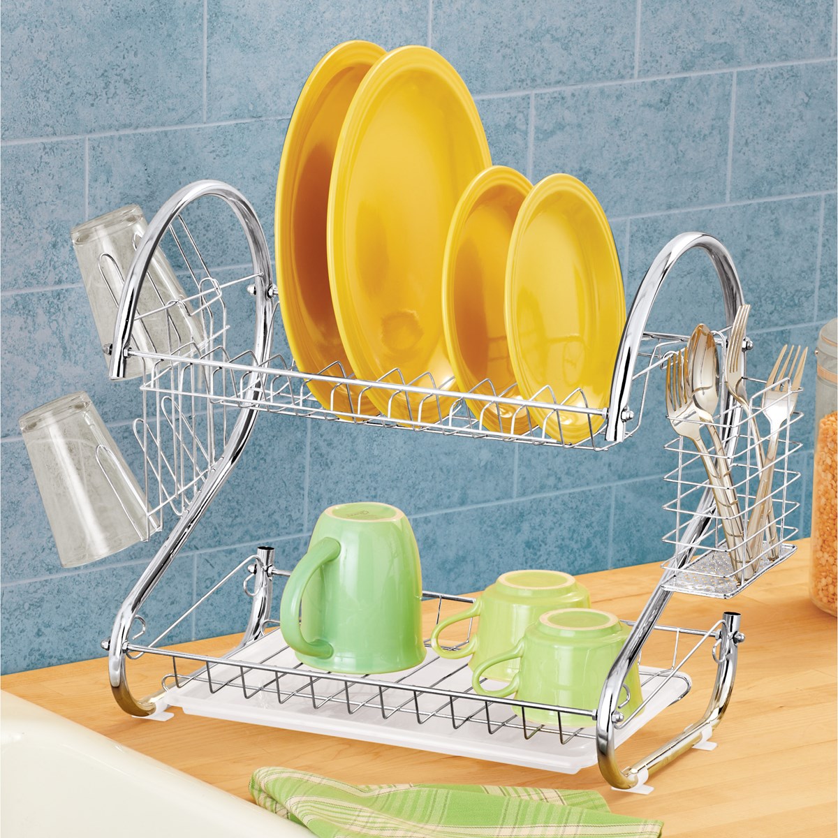 Stainless Steel Two-Tier Dish Rack with Side Holders | Collections Etc.