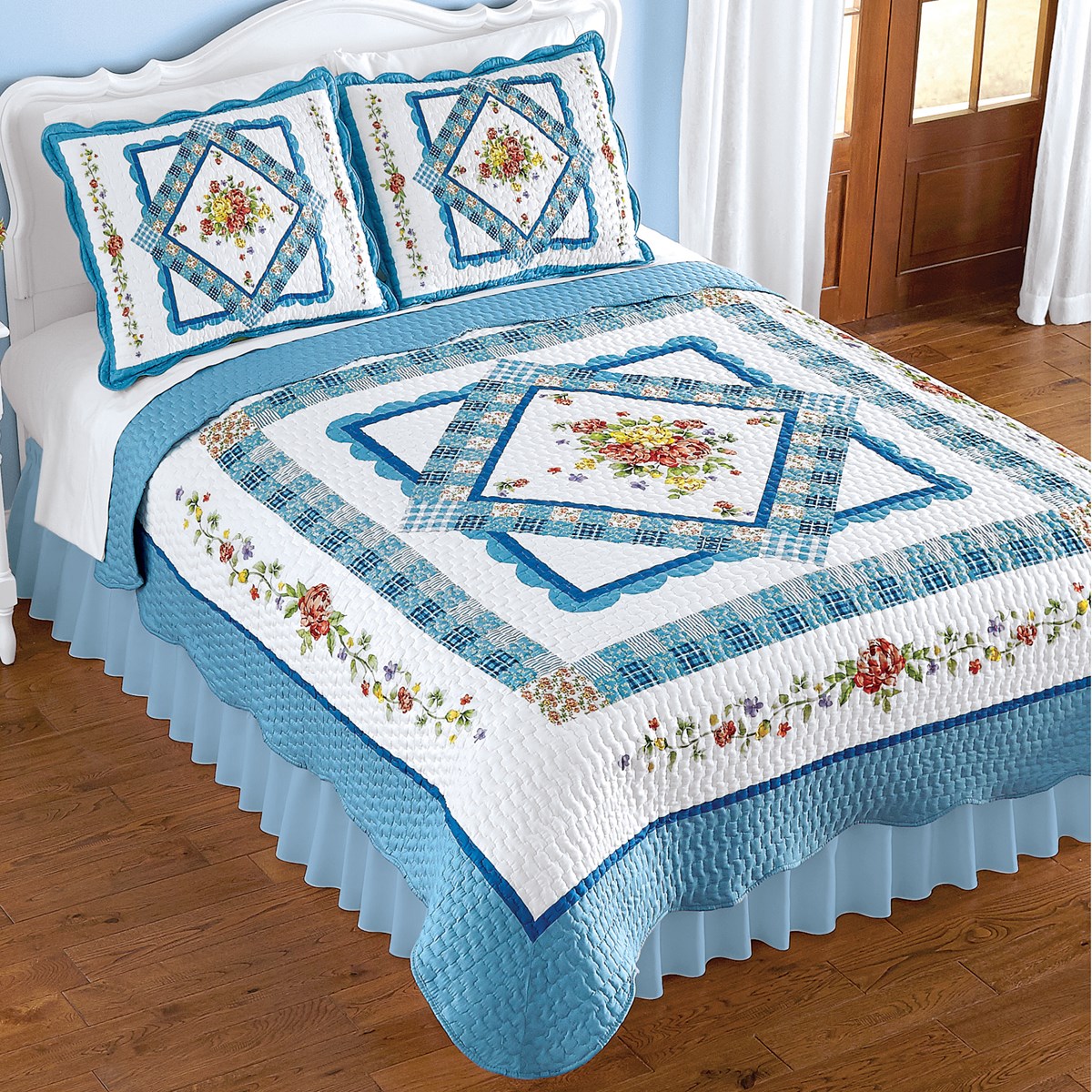 Rose Floral Blue Scalloped Border Patchwork Quilt | Collections Etc.