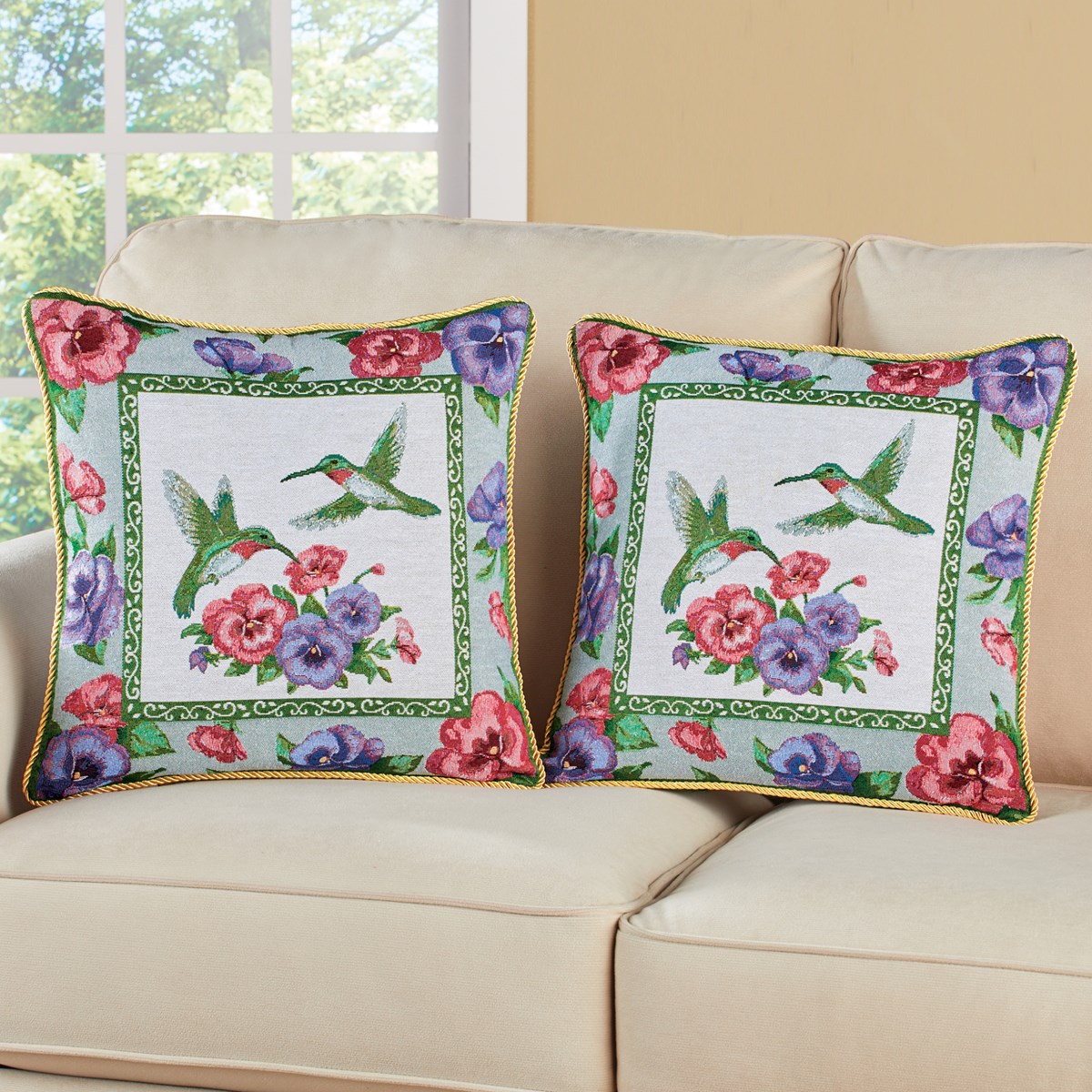 Hummingbird Pillow Cover with Gold Piping - Set of 2 | Collections Etc.