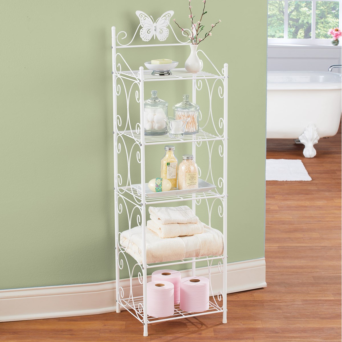 White 5 Tier Storage Shelf with Scrolling Design | Collections Etc.