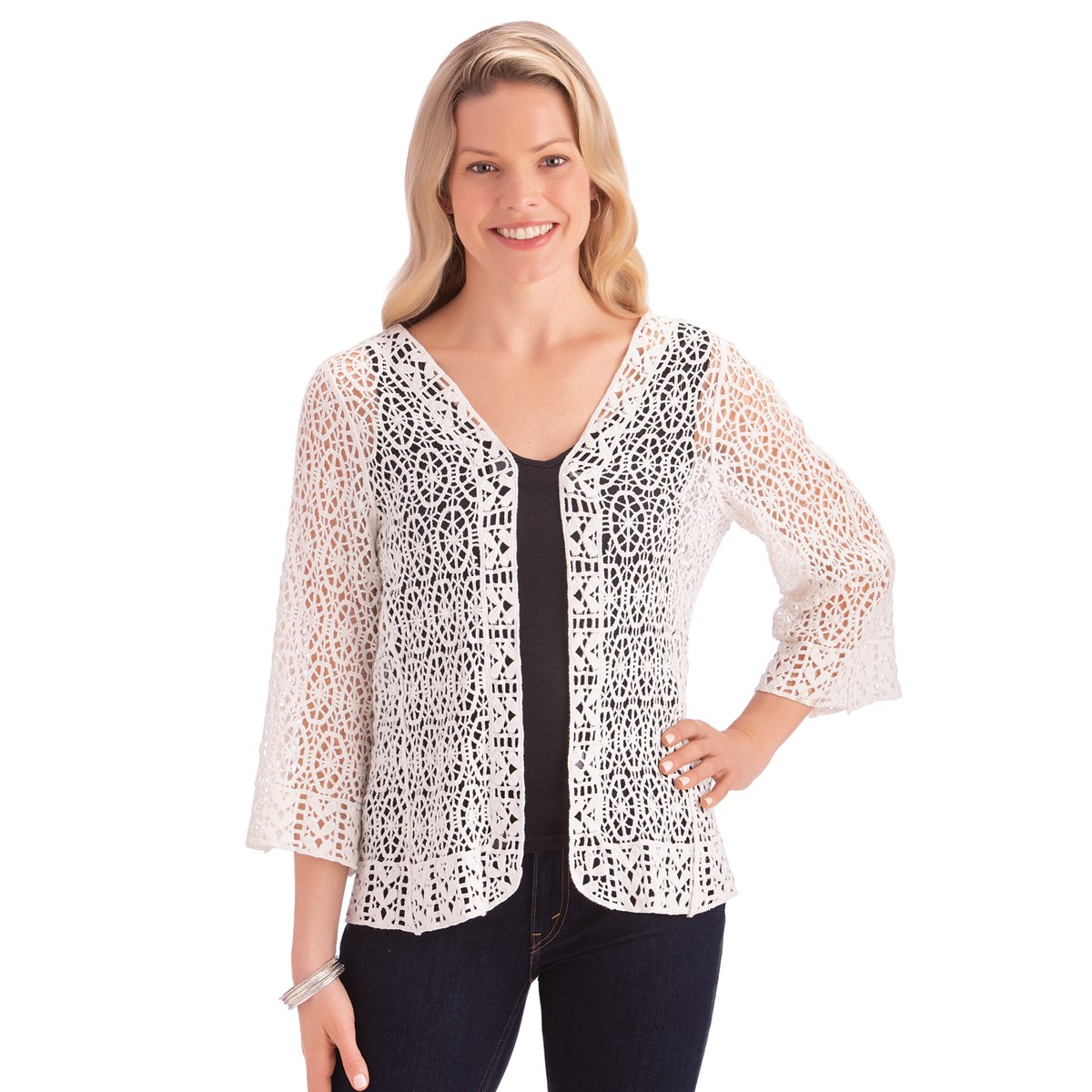 All-Over Crochet Open Front Jacket with 3/4 Sleeves | Collections Etc.
