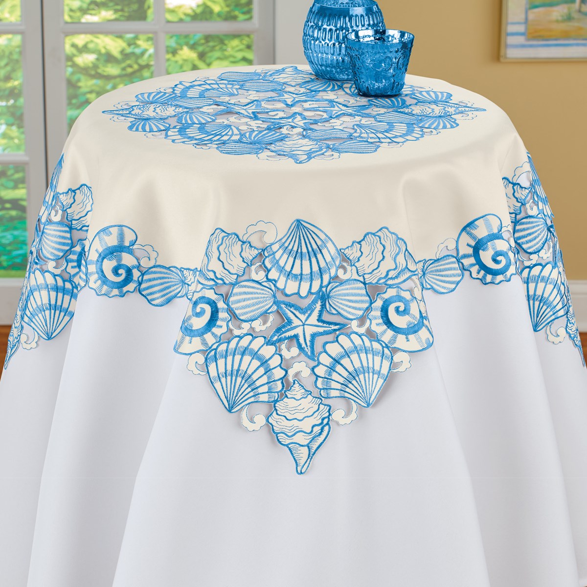 Blue Seashell Embroidered Table Linens | Collections Etc.