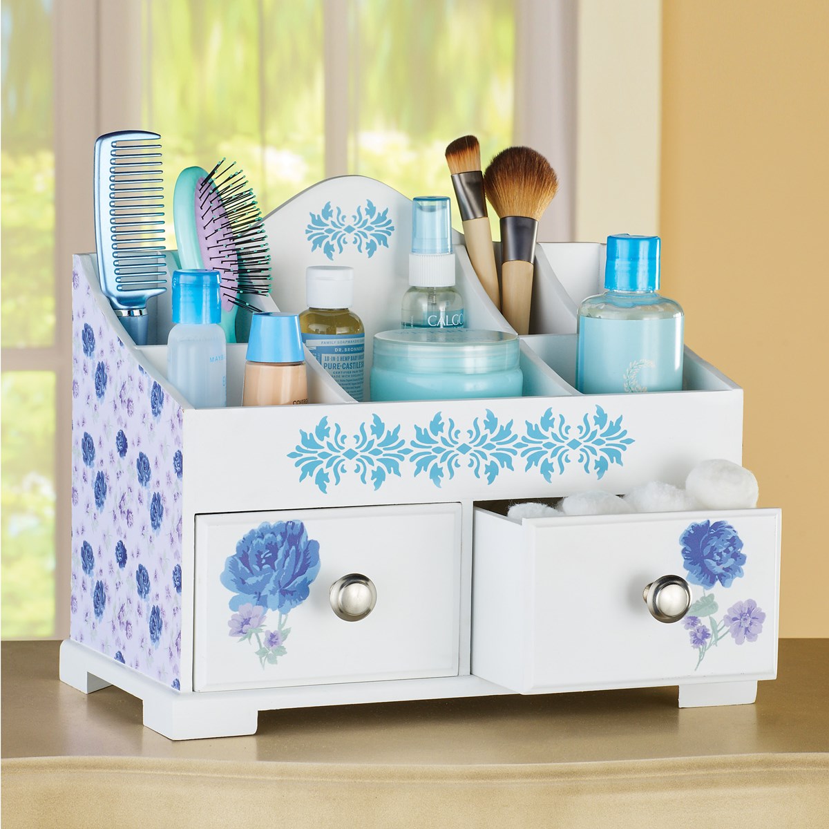 Lovely Wooden Floral Print Tabletop Organizer | Collections Etc.